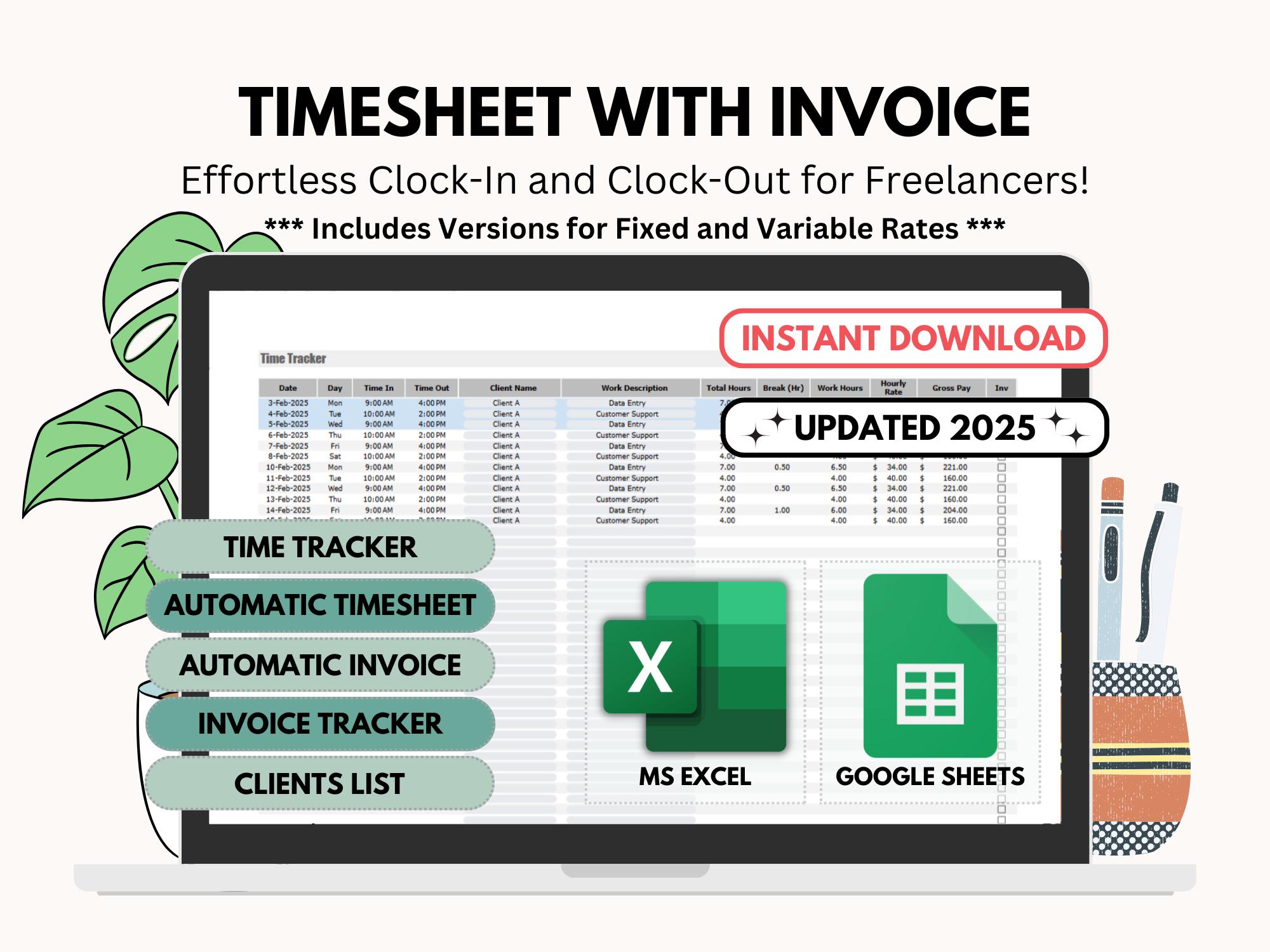 Weekly Timesheet With Invoice Spreadsheet Template - Clock in Clock Out ...