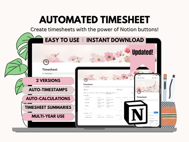 Automated Timesheet Notion Template, Weekly Timesheet, Clock in Clock ...