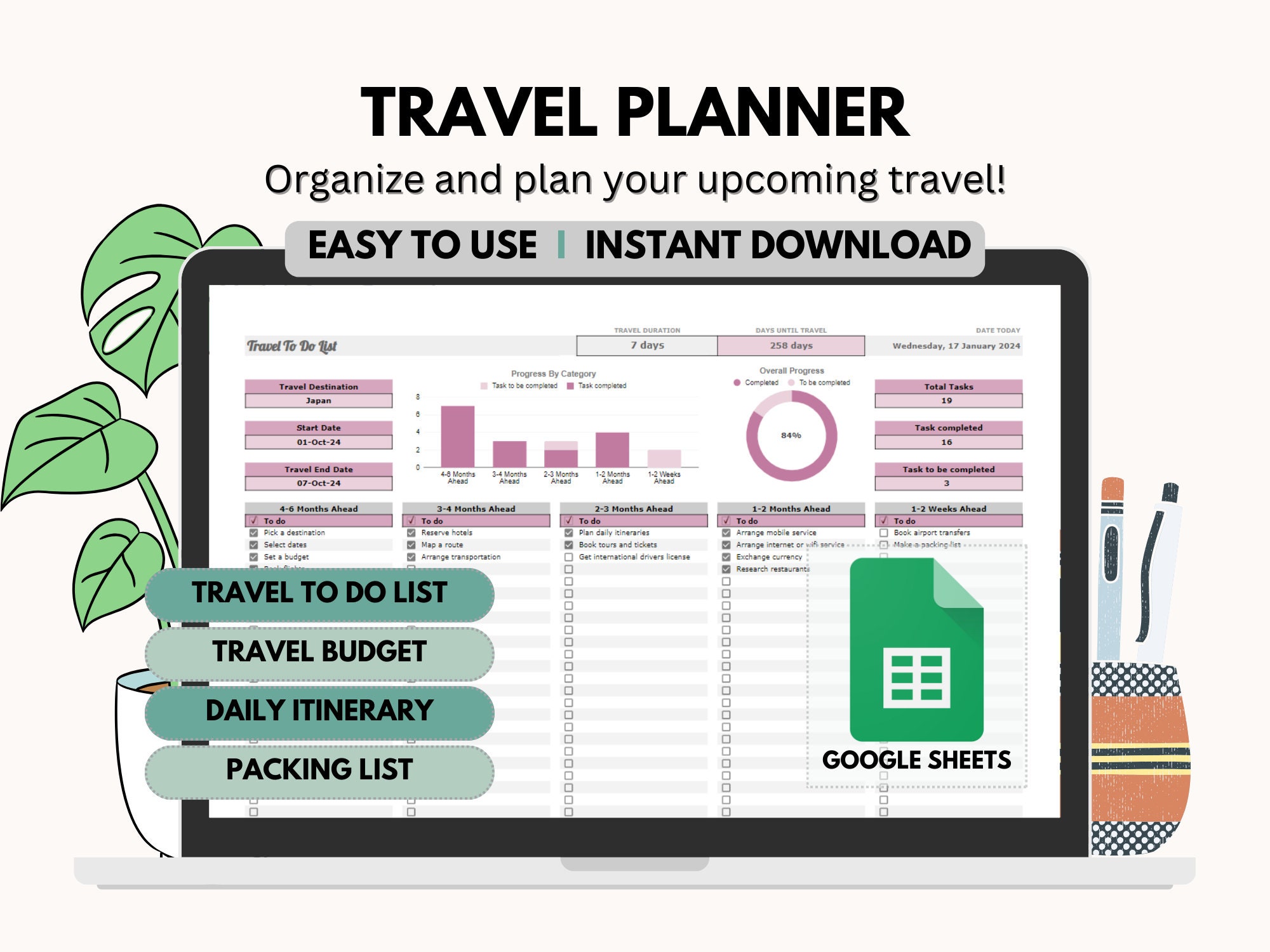 Travel Planner Spreadsheet Google Sheets, Travel to Do List, Travel ...