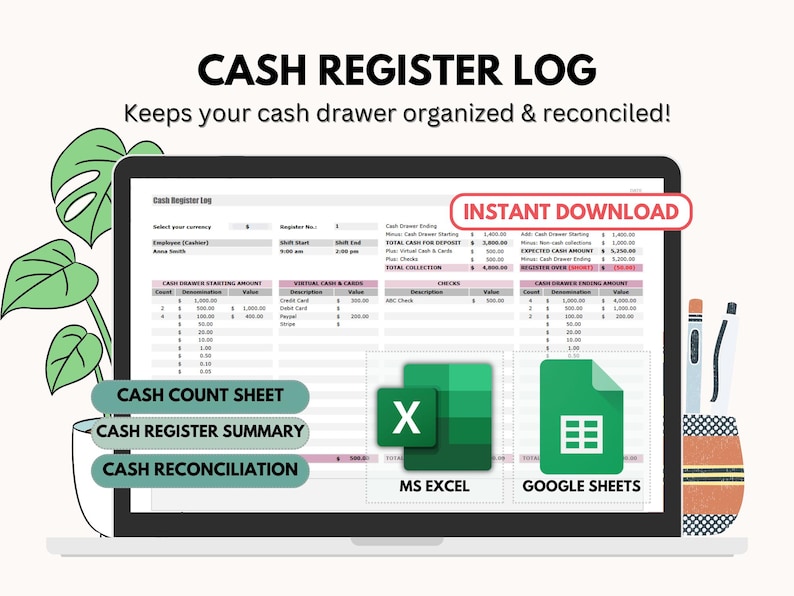 Cash Register Log - Google Sheets and Excel Templates (digital Download ...