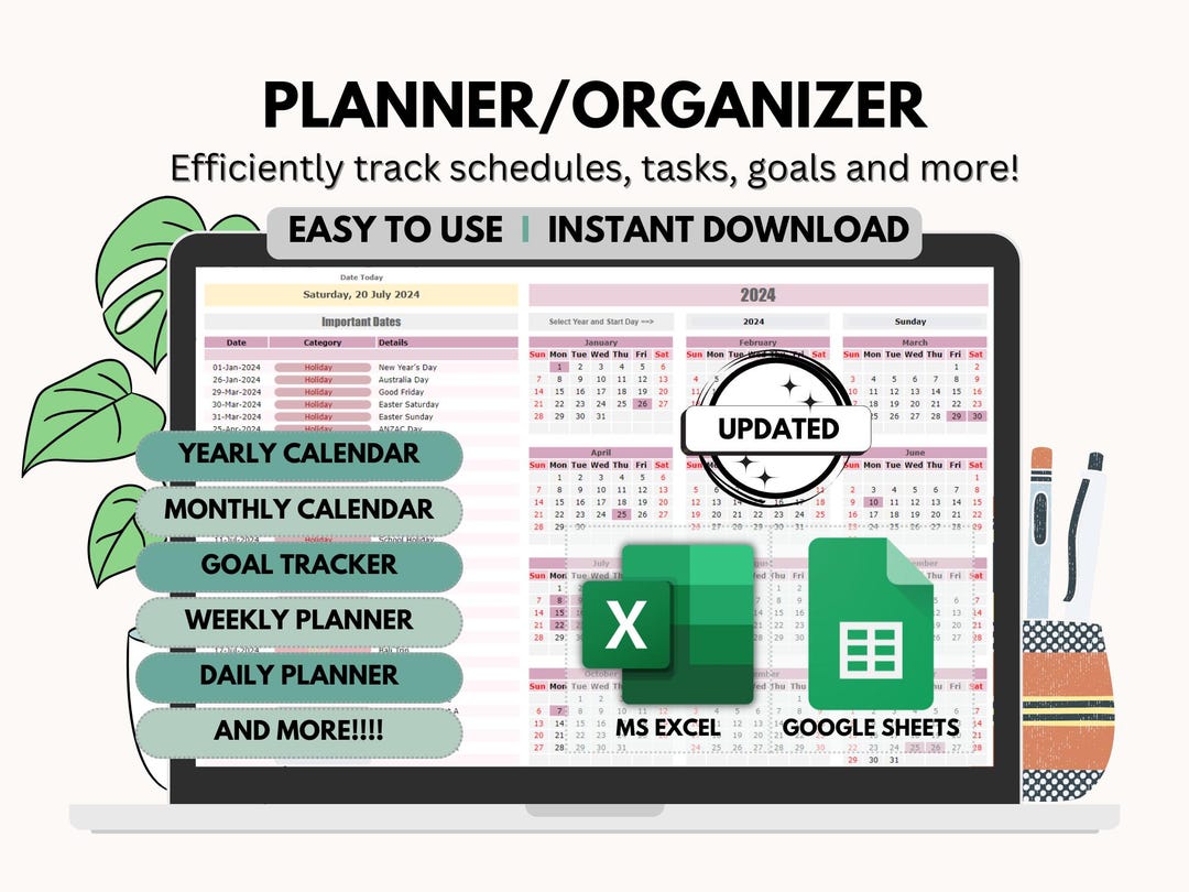 Digital Planner Spreadsheet, Yearly Calendar, Monthly Calendar, Weekly ...