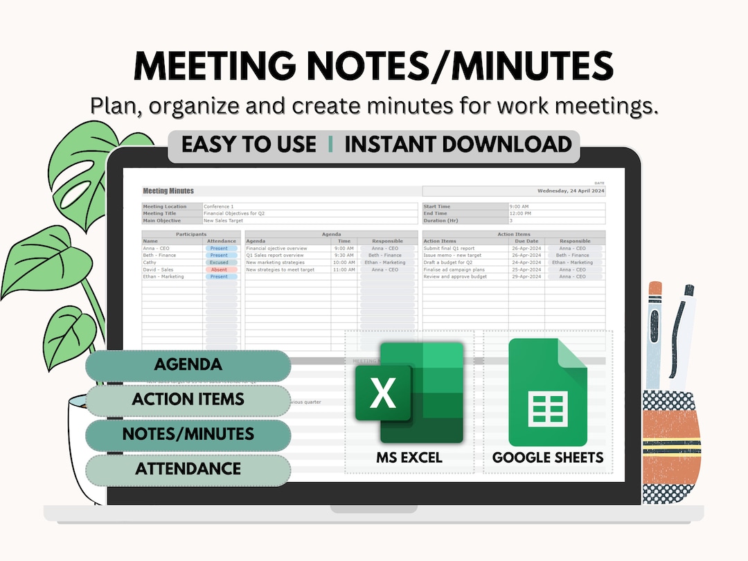 Work Meeting Minutes Template, Business Meeting Notes, Meeting Agenda ...