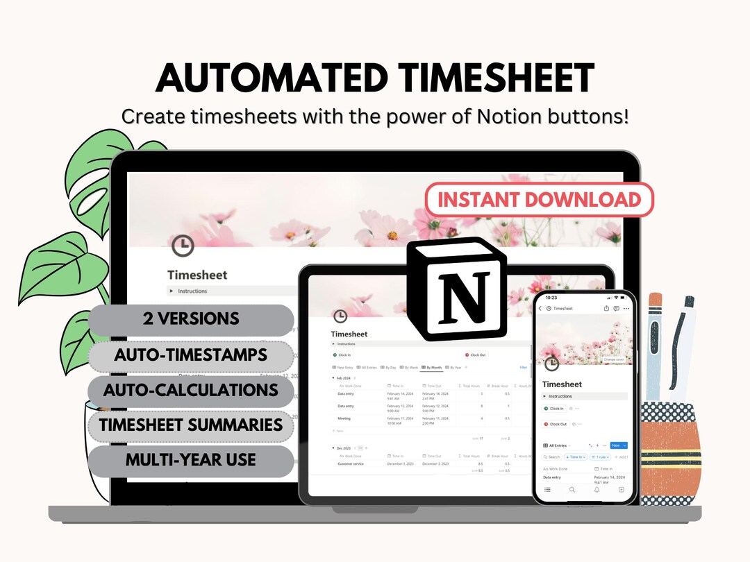 Automated Timesheet Notion Template, Weekly Timesheet, Clock in Clock ...
