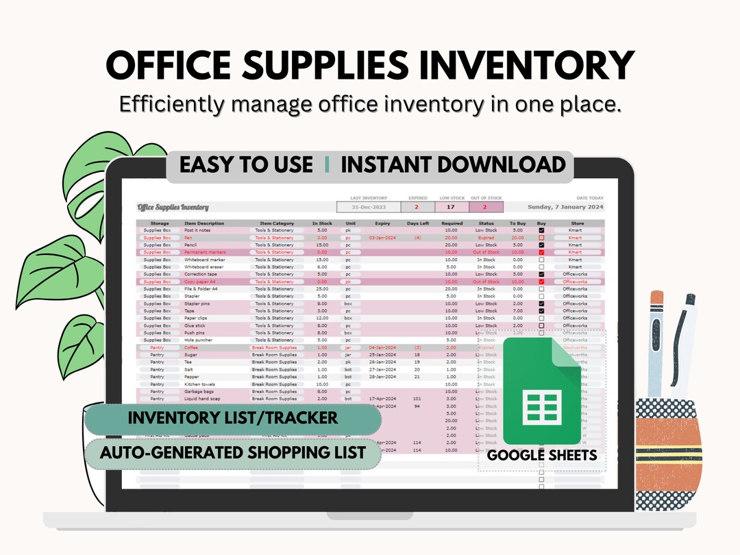 Office Supplies Inventory and Shopping List Google Sheets Stay ...