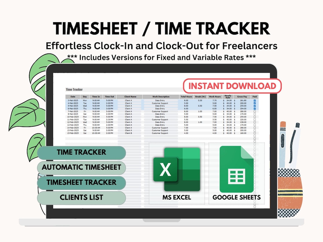 Timesheet for Freelancers, Clock In/out Tracker - Google Sheets & Excel ...