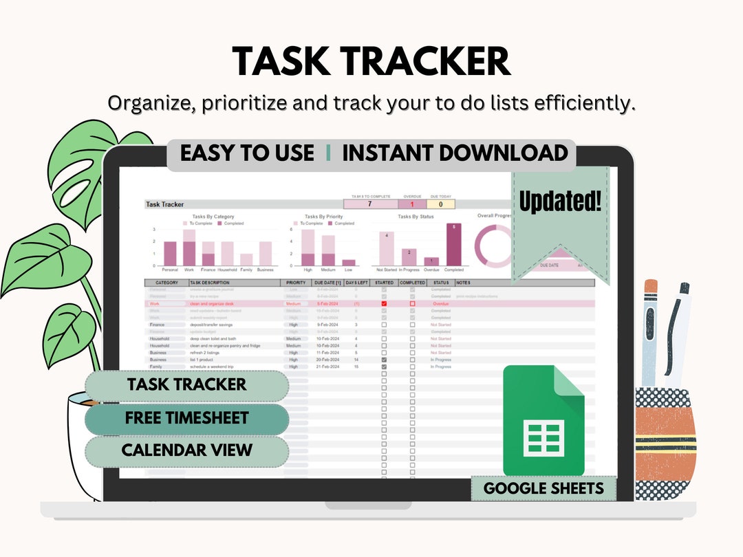Task Tracker Google Sheets With Calendar View, to Do List Task Planner ...