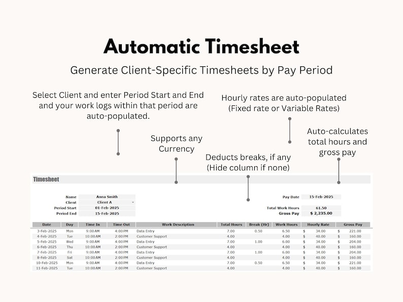 Weekly Timesheet With Invoice Spreadsheet Template - Clock in Clock Out ...