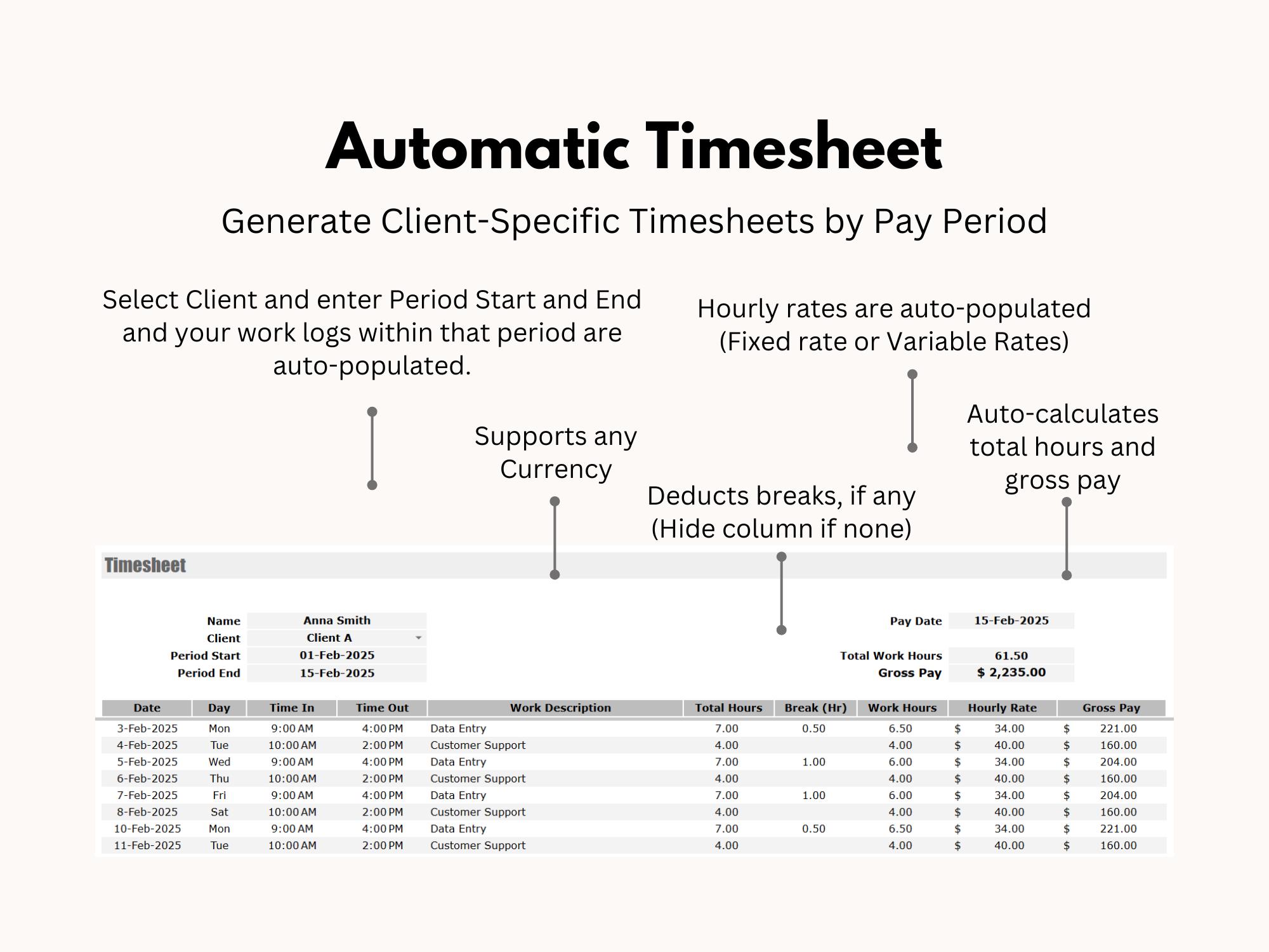 Weekly Timesheet With Invoice Spreadsheet Template - Clock in Clock Out ...