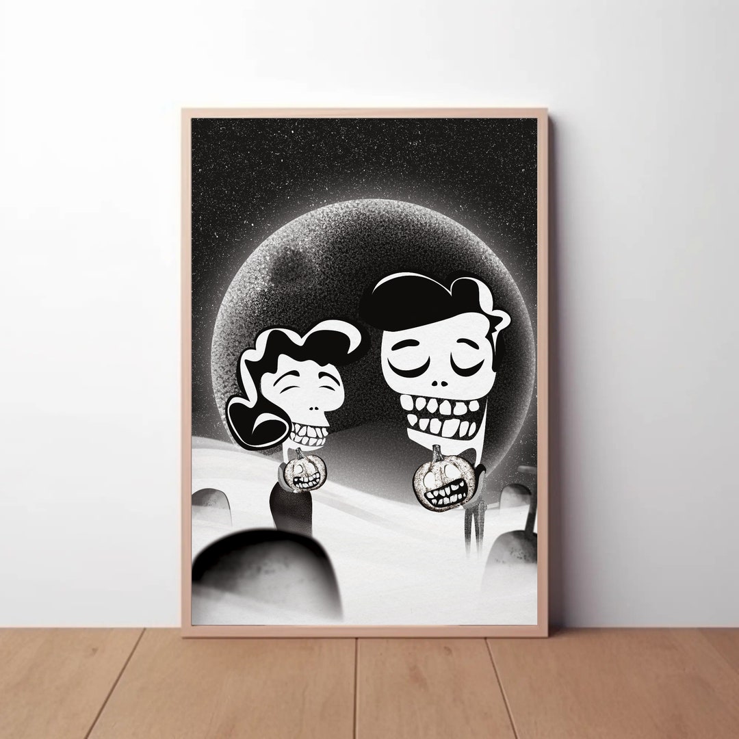 Skeleton Pumpkin Pals Printed Wall Art Graveyard Friends at Night ...