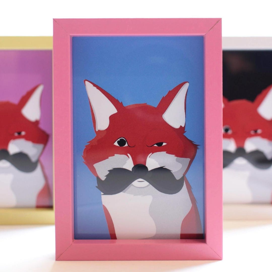 Mini Art Print Mustache Fox: Magnetic Framed Art, 2x3 Inch - Etsy