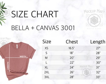 Bella Canvas 3001 Size Chart, Size Guide Mockup, Tshirt Measurements, 3001 Size Chart, Bella ...