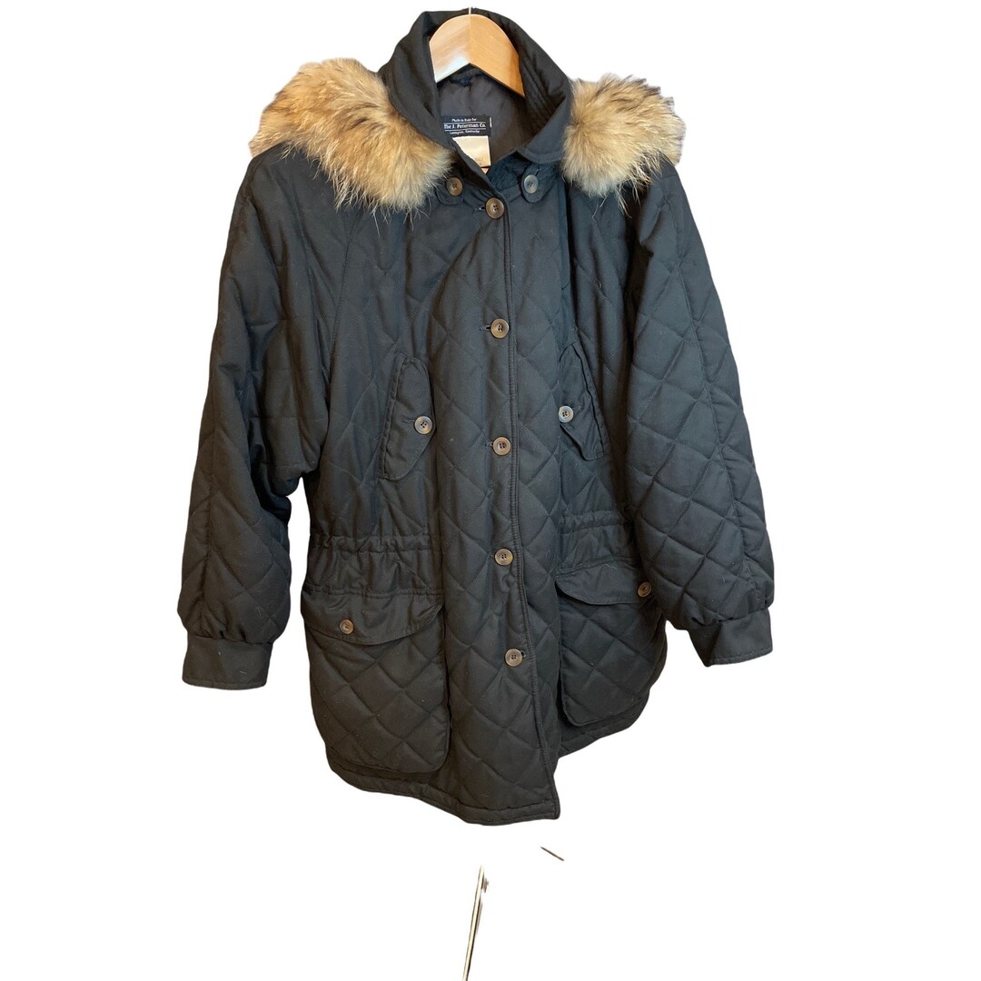 J. Peterman Company Vintage Black Quilted Jacket With Raccoon Hood Sz L ...