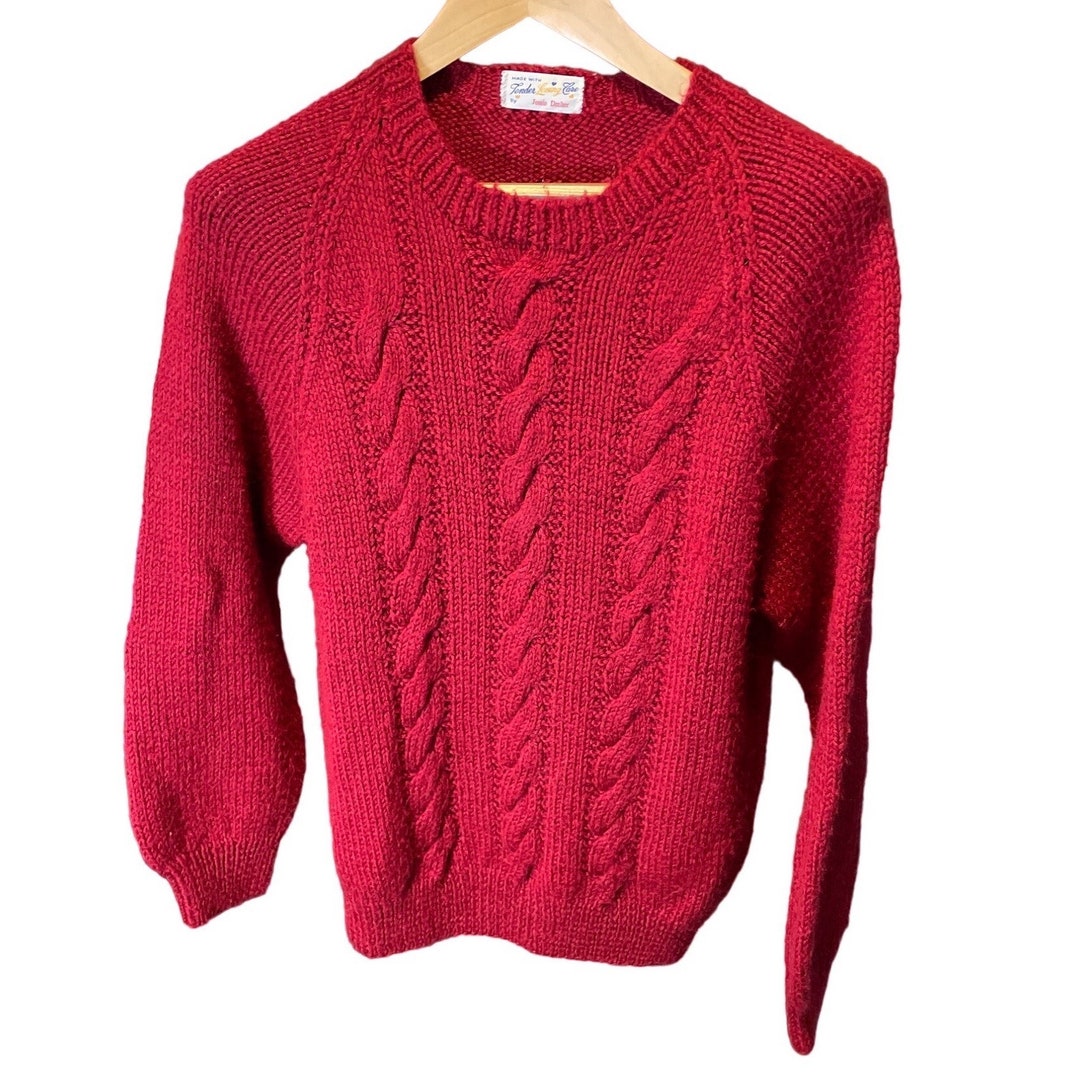 Vintage 70s 80s Handknit Cable Knit Red Sweater - Etsy