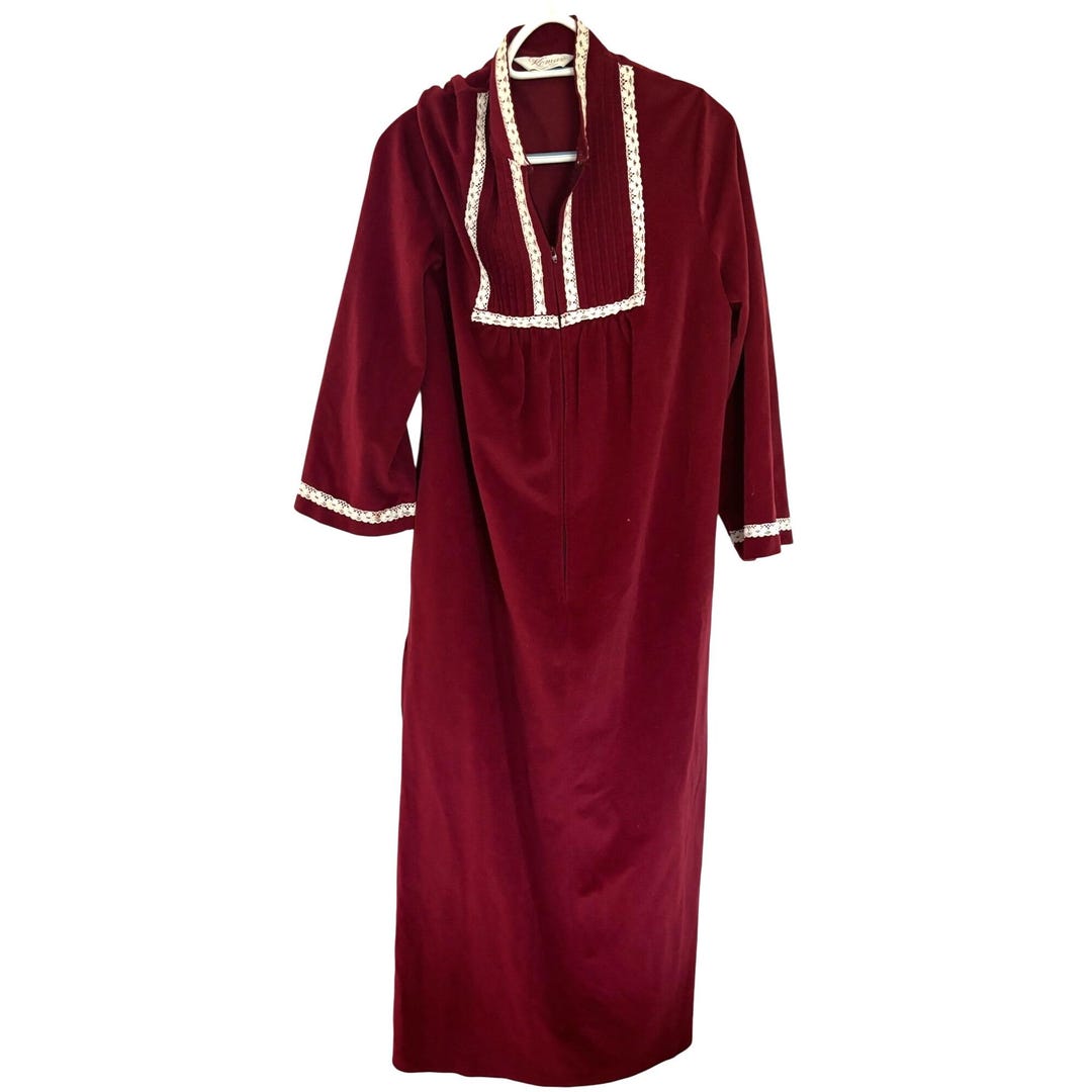 Vintage Komar Leisurely Living Burgundy Long Robe With Lace Trim - Etsy