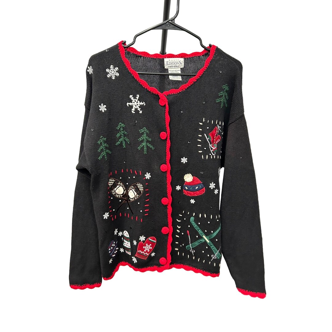 Vintage Basic Editions Holiday Sweater Black Red Trim Sz M Winter Design - Etsy