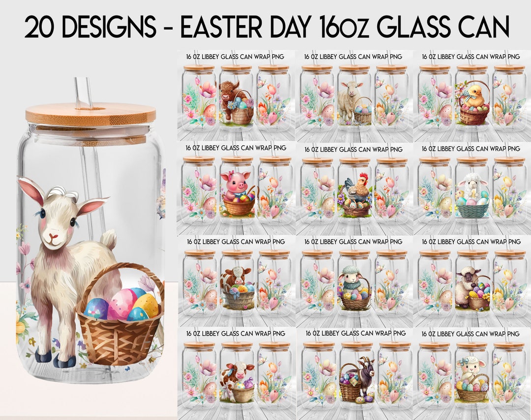 Easter Farm Animals Bundle 16oz Libbey Glass Can, Cute Easter Animal ...