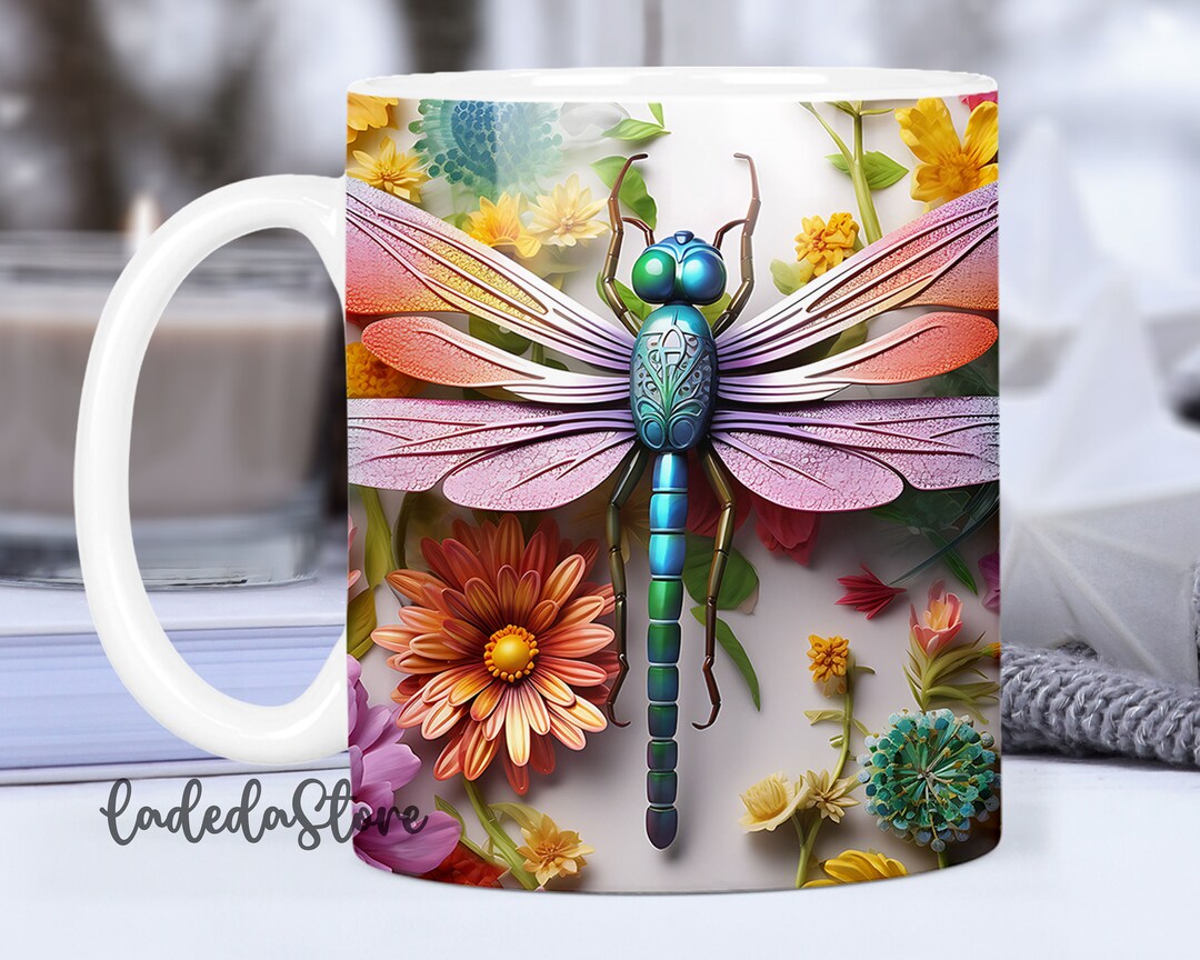 3D Dragonfly Floral Mug Sublimation Design, 3D Flowers Mug Wrap, 3D ...