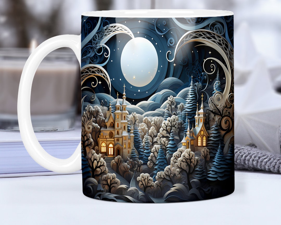 3D Winter Night Village Mug Wrap 11oz & 15oz Mug Template 3d - Etsy