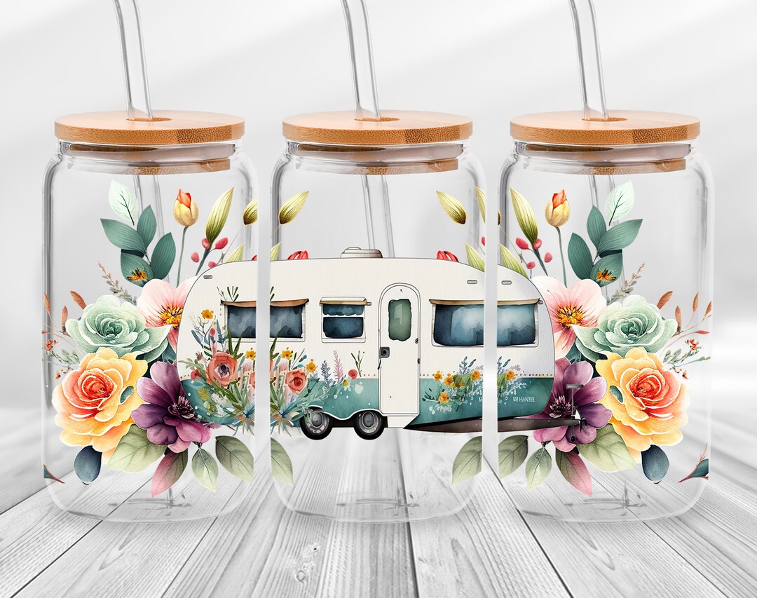 Camper Flower Glass Can Wrap Camper Libbey Glass Camper Tumbler Iced ...