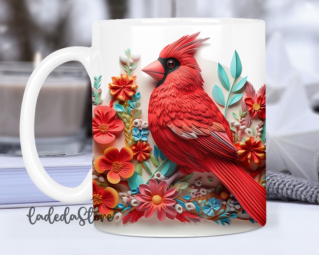 3D Red Cardinal Bird Flowers Mug Wrap Png, Cute Red Cardinal Template ...