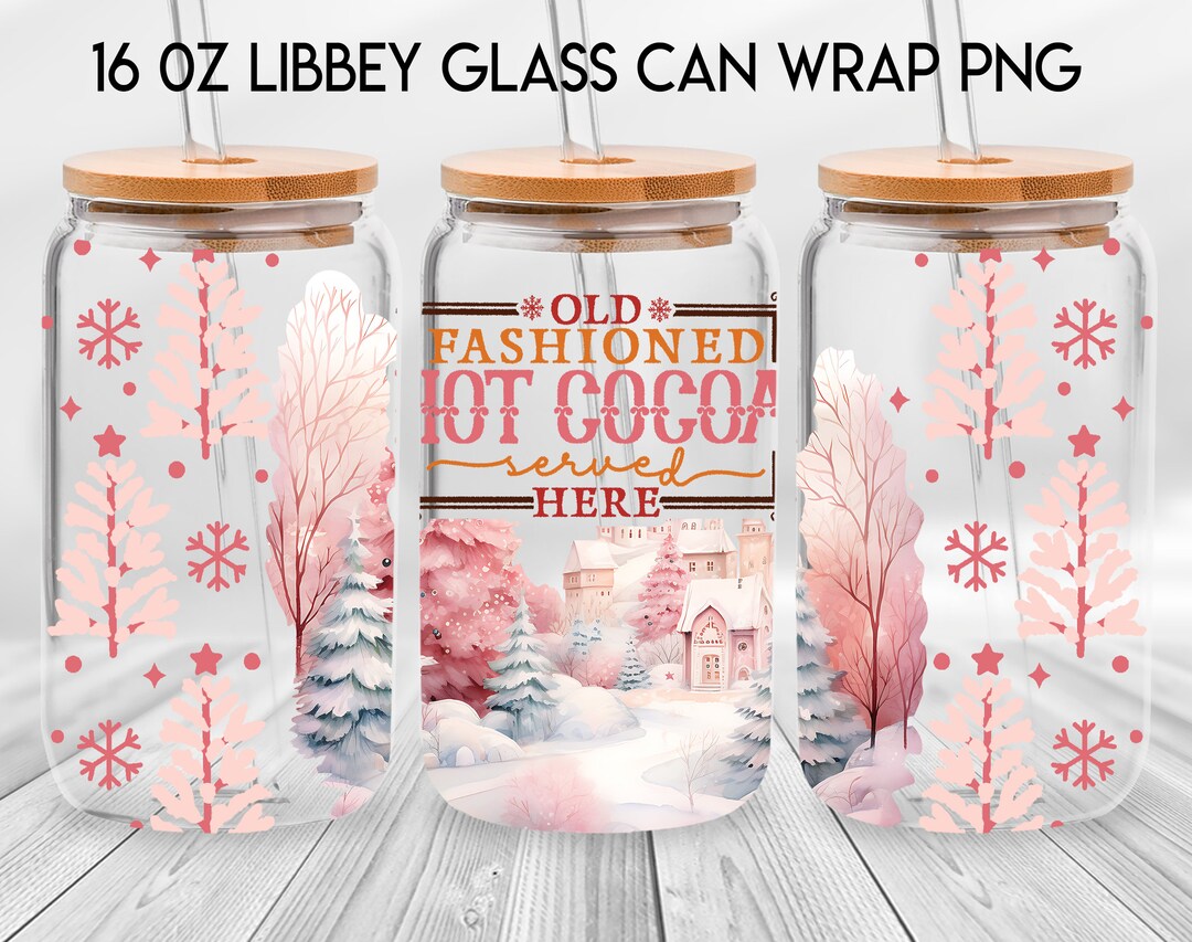 Old Fashioned Hot Cocoa Served Here 16oz Libbey Glass Can, Christmas Sign Frosted Glass, Pink ...