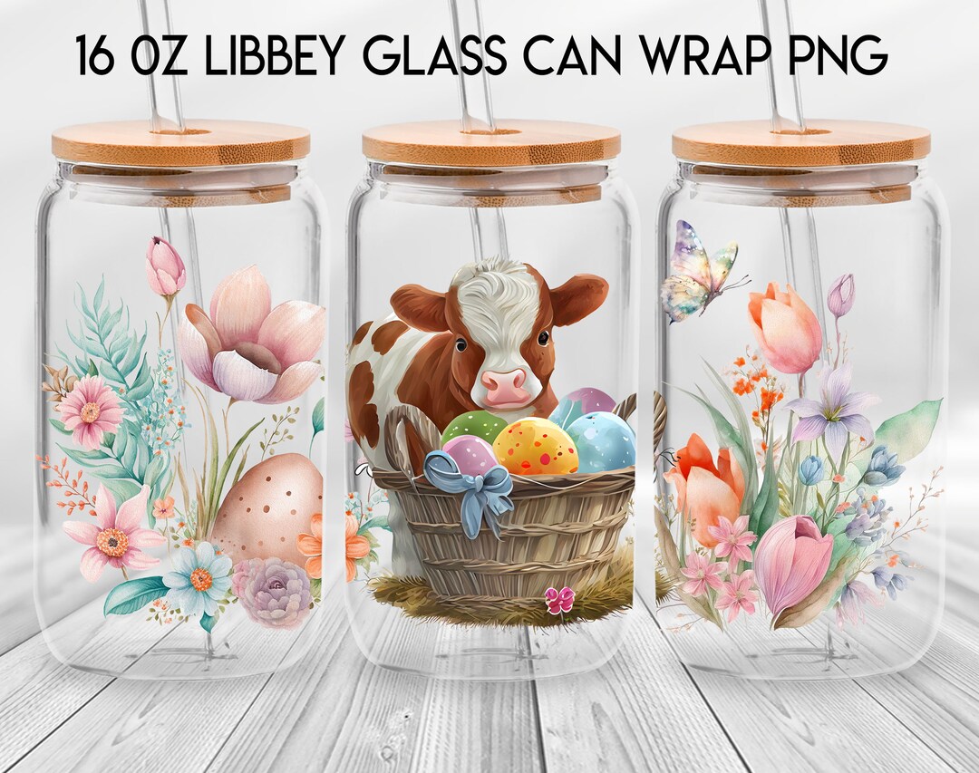 Easter Cow 16oz Libbey Glass Can, Simmental Cow Frosted Glass, Easter ...