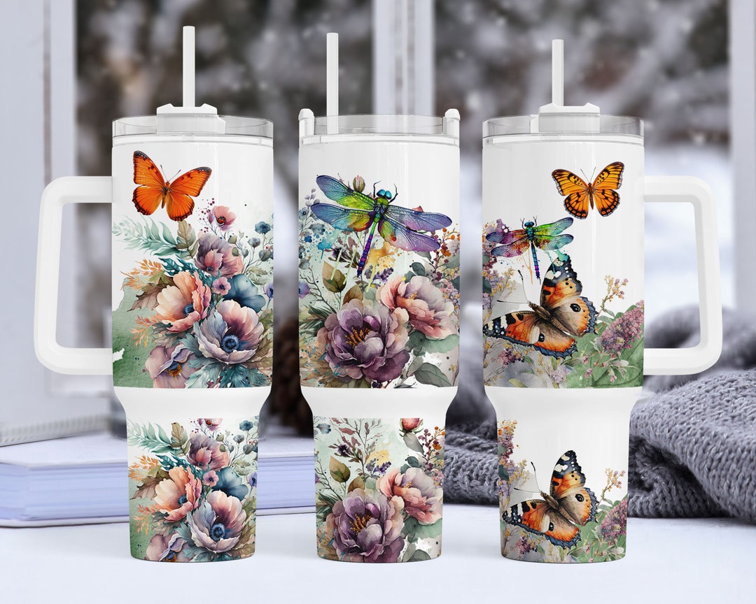 Flowers Dragonfly 40oz Quencher Tumbler Wrap Butterflies And Dragonfly