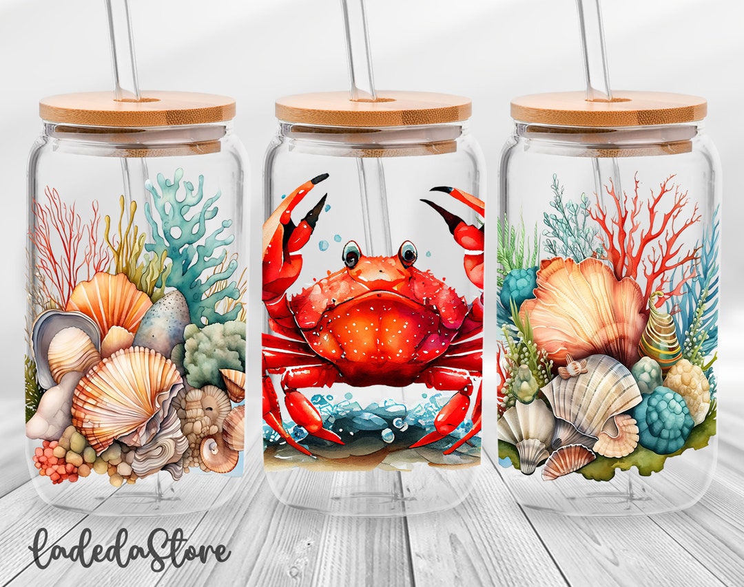 Red Crab Sea 16oz Libbey Glass Wrap Png, Cute Crab Glass Can, Colorful ...