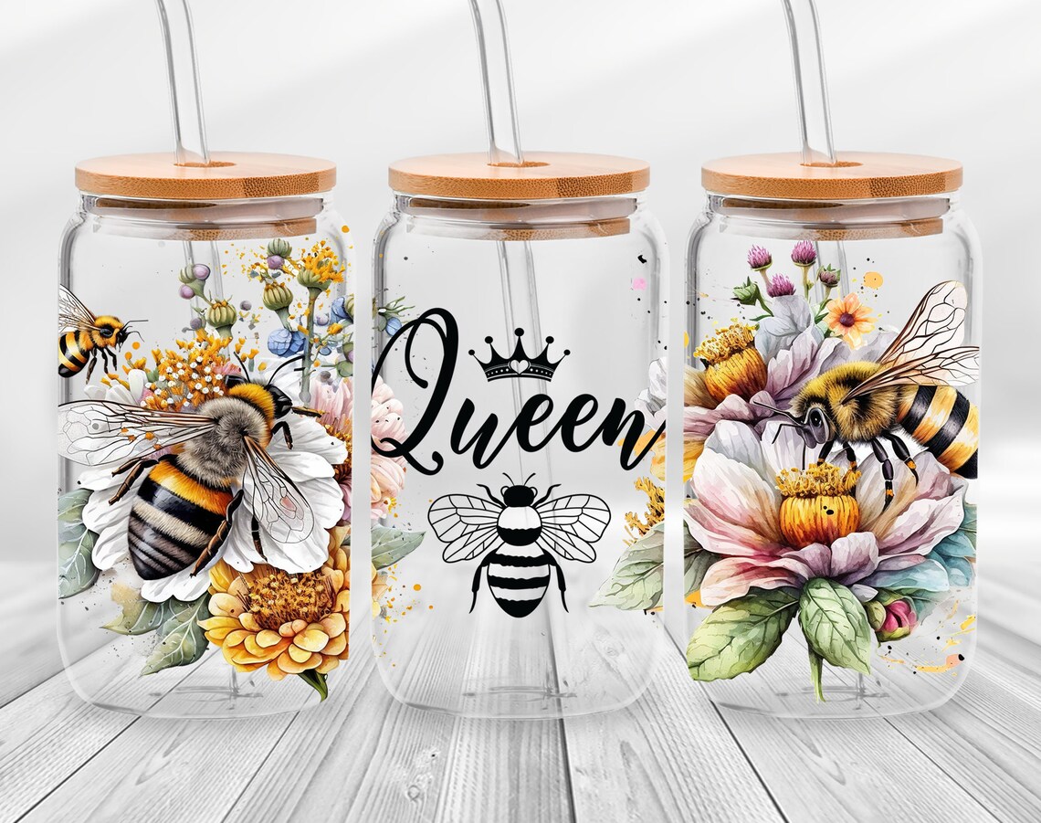 Queen Bee UV DTF Wrap, Honeycomb Floral 16oz Libbey Glass Cup Decal ...