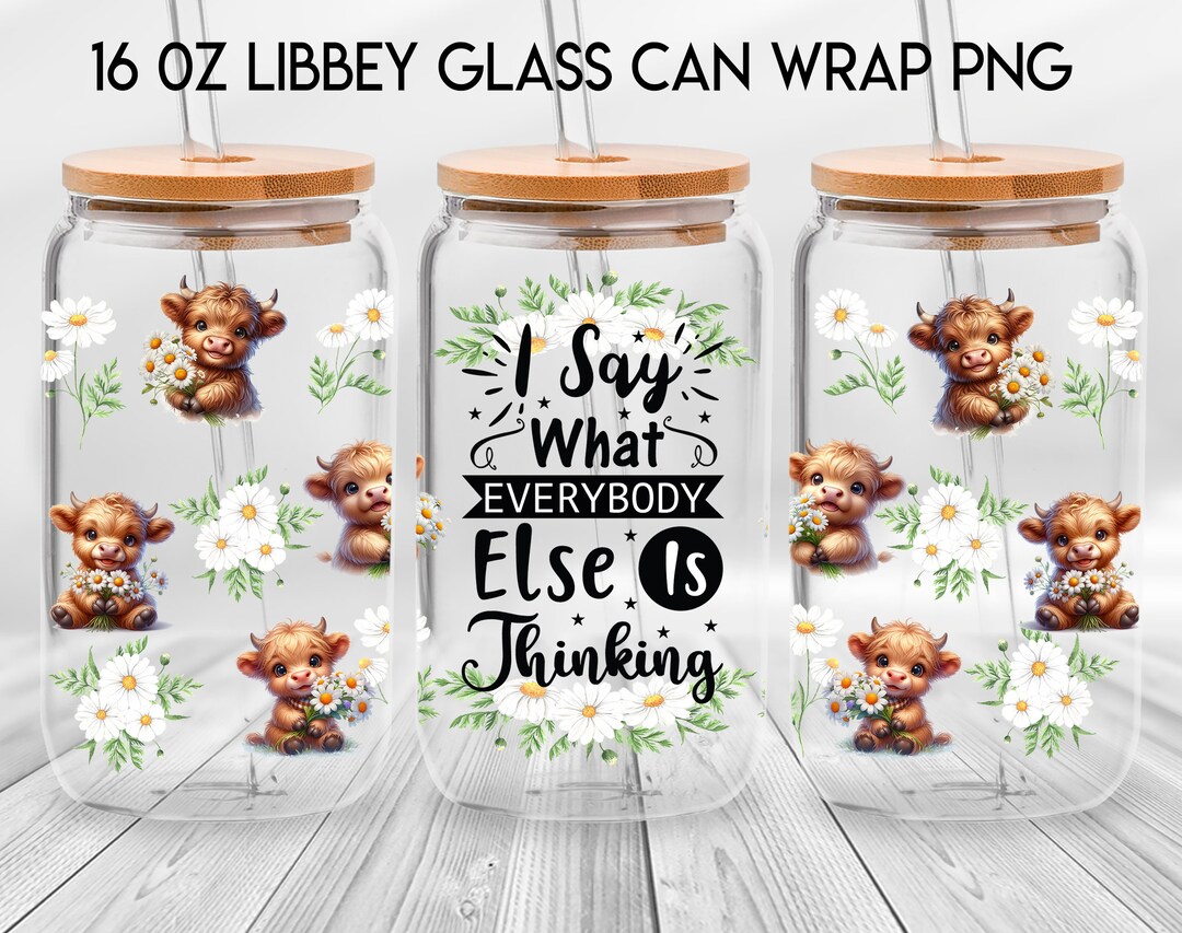 I Say What Everybody Else is Thinking 16oz Libbey Glass Can, Highland Cow Daisy Flower Frosted ...