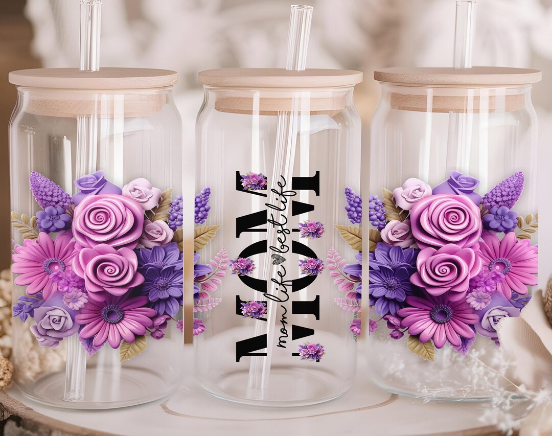 3D Purple Rose Best Mom UV DTF Tumbler Wraps Set of 3 | 16oz - 40oz ...