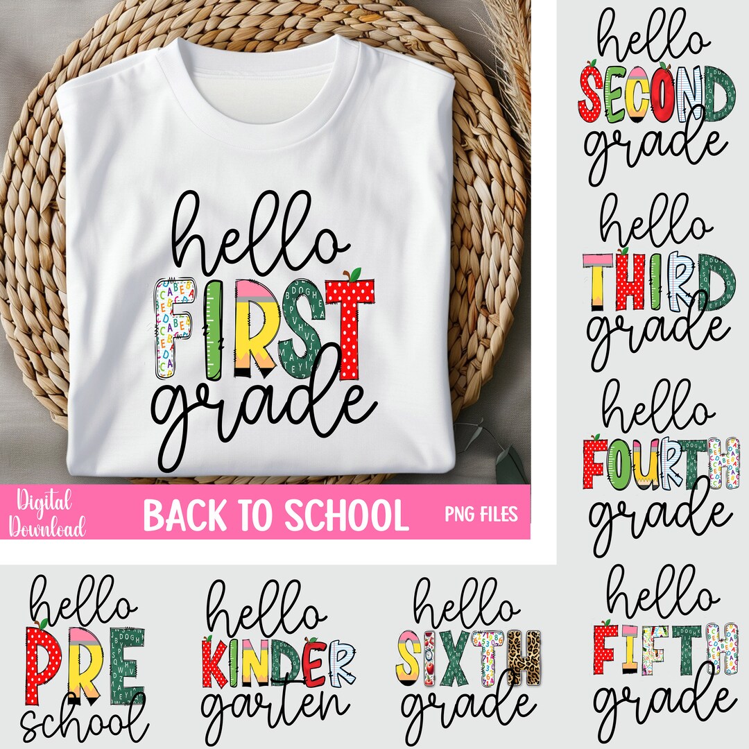8 Hello Back to School T-shirt PNG Bundle, School Doodle Letter Tee ...