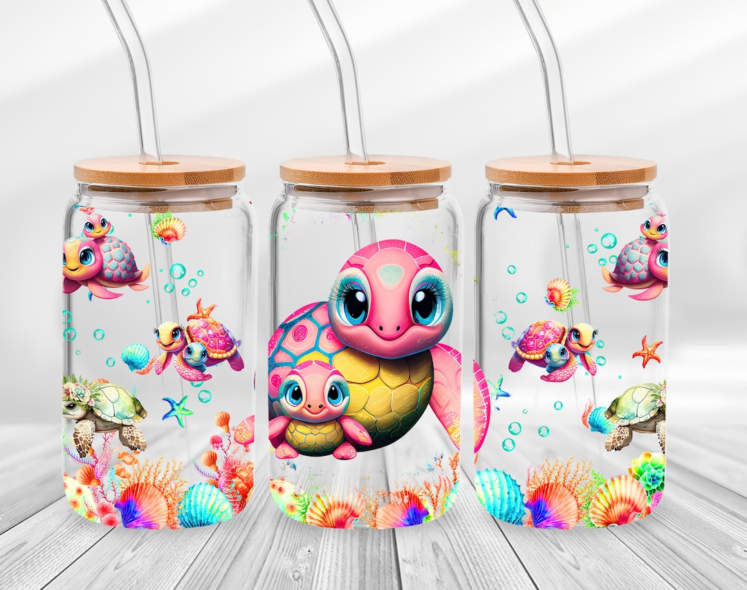 Pink Turtle Libbey 16oz Glass Can Sublimation, Cute Turtle Glass Can ...