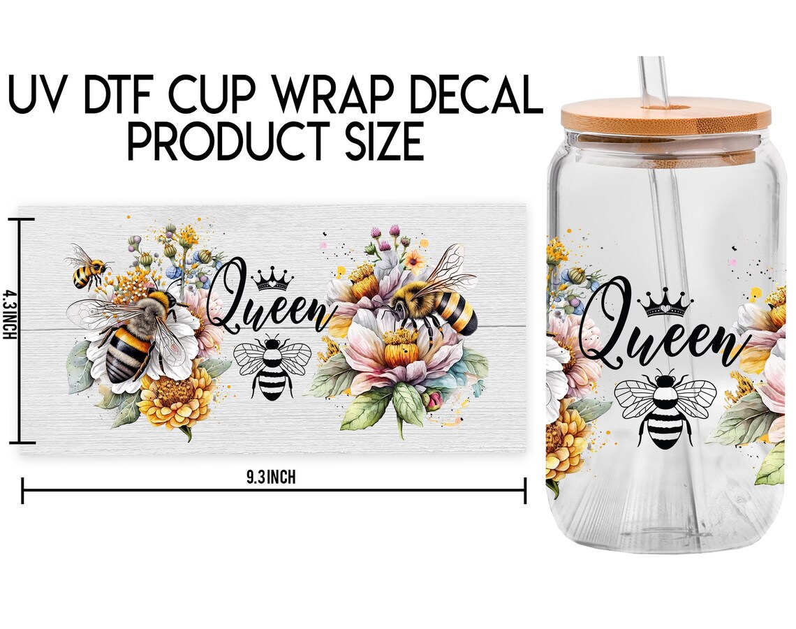 Queen Bee UV DTF Wrap, Honeycomb Floral 16oz Libbey Glass Cup Decal ...
