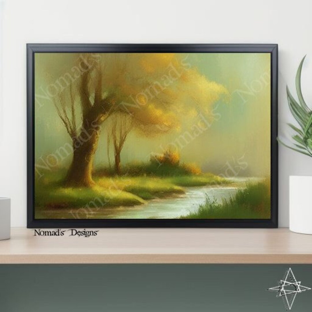 Warm Colored PRINTABLE Tree by River Wall Art | Calm Vintage Style ...