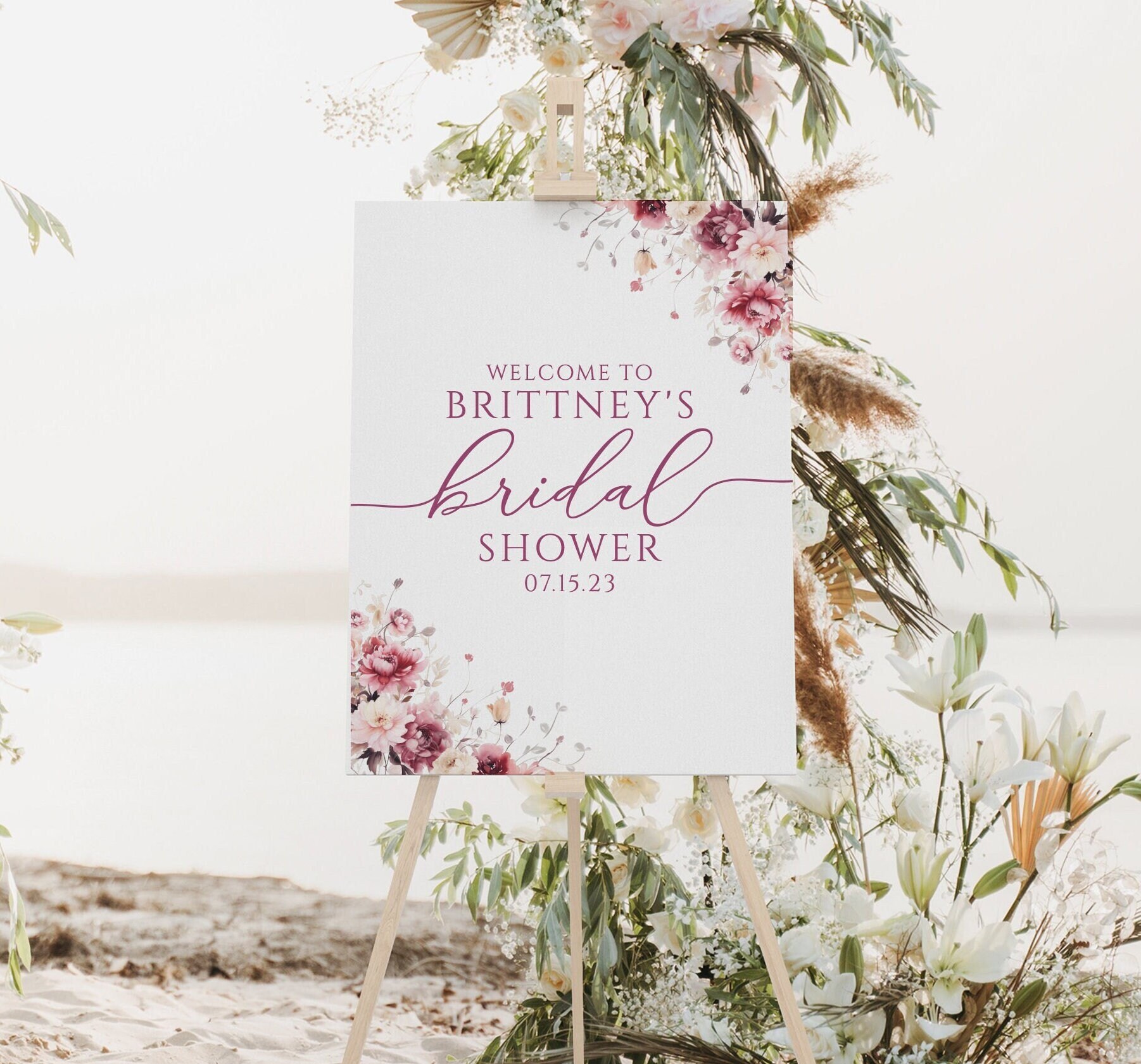 Burgundy Floral Bridal Shower Digital Printable Welcome Sign, Floral ...