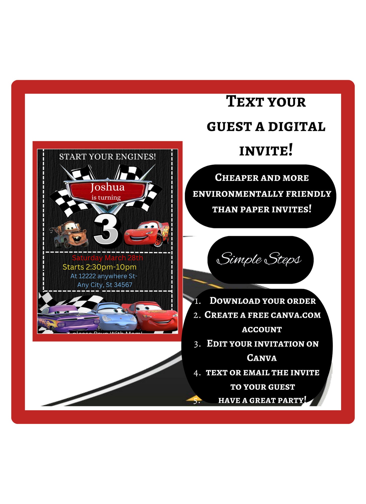 Lightning Mcqueen Birthday Invitation, Cars Invitation, 3rd Birthday ...