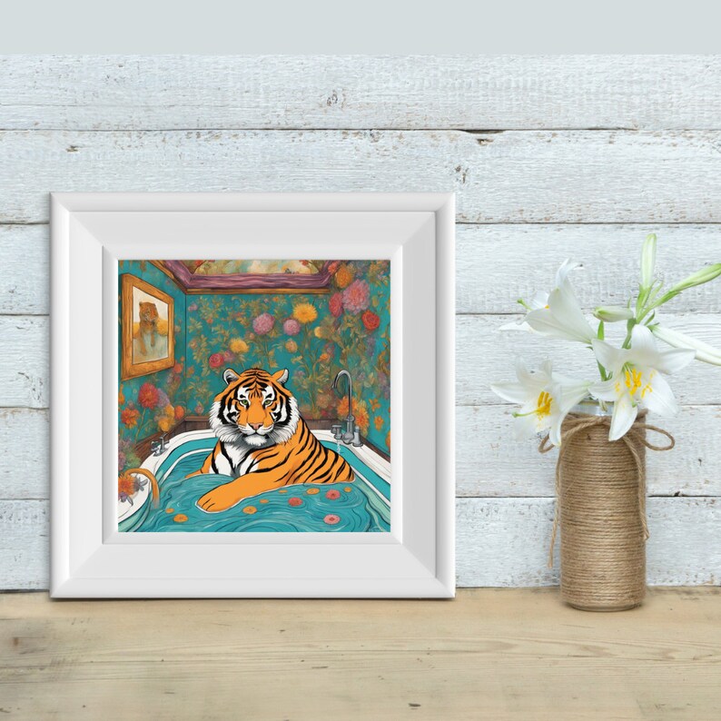Tiger Chillin in Bath Tub Art Print, Funny Tiger Print, Maximalist ...