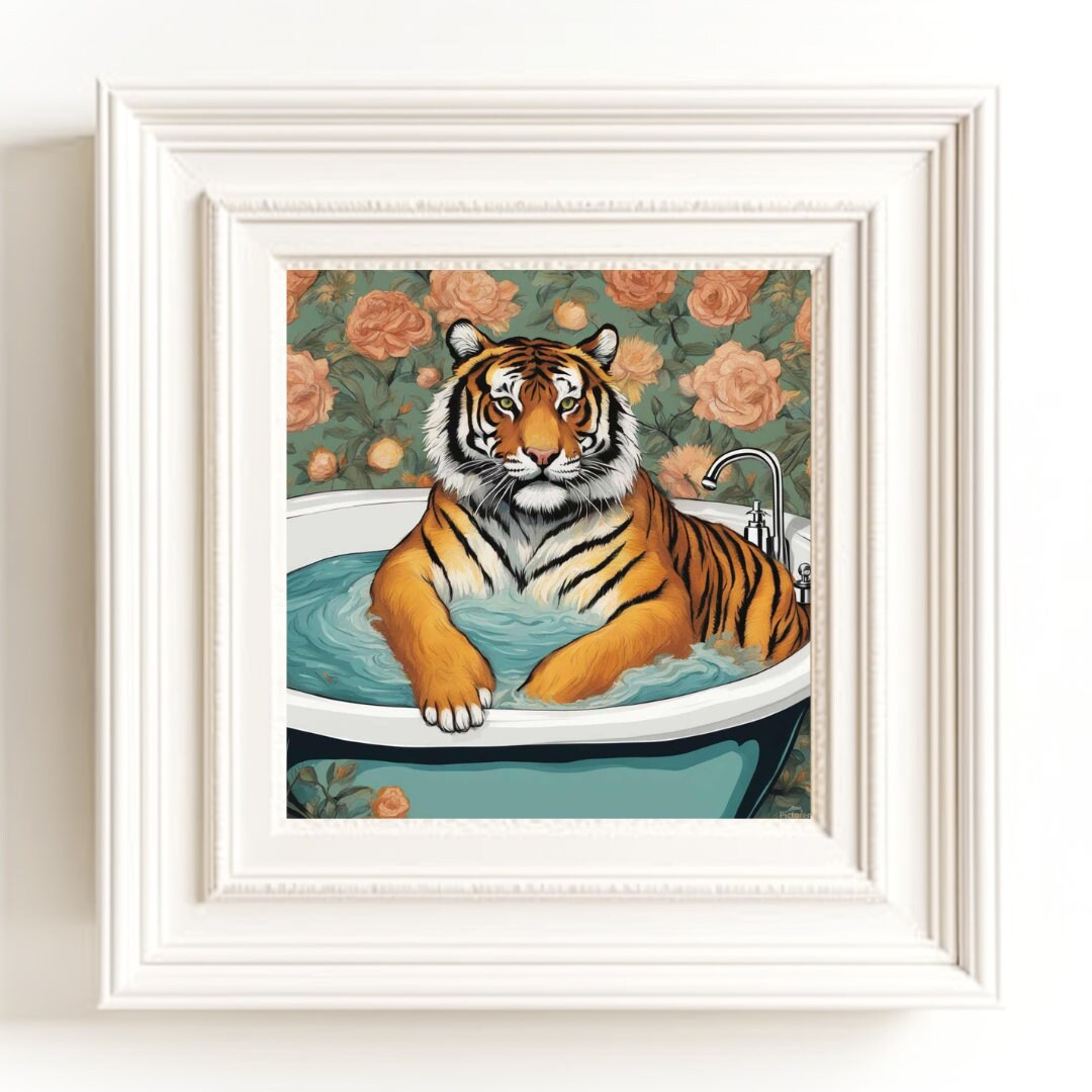 Tiger Chillin in Bath Tub Art Print, Funny Tiger Print, Maximalist ...