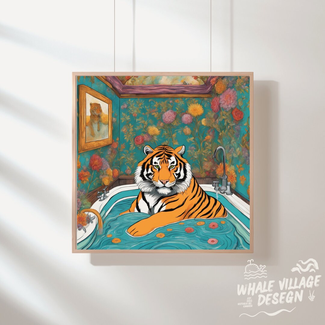 Tiger Chillin in Bath Tub Art Print, Funny Tiger Print, Maximalist ...