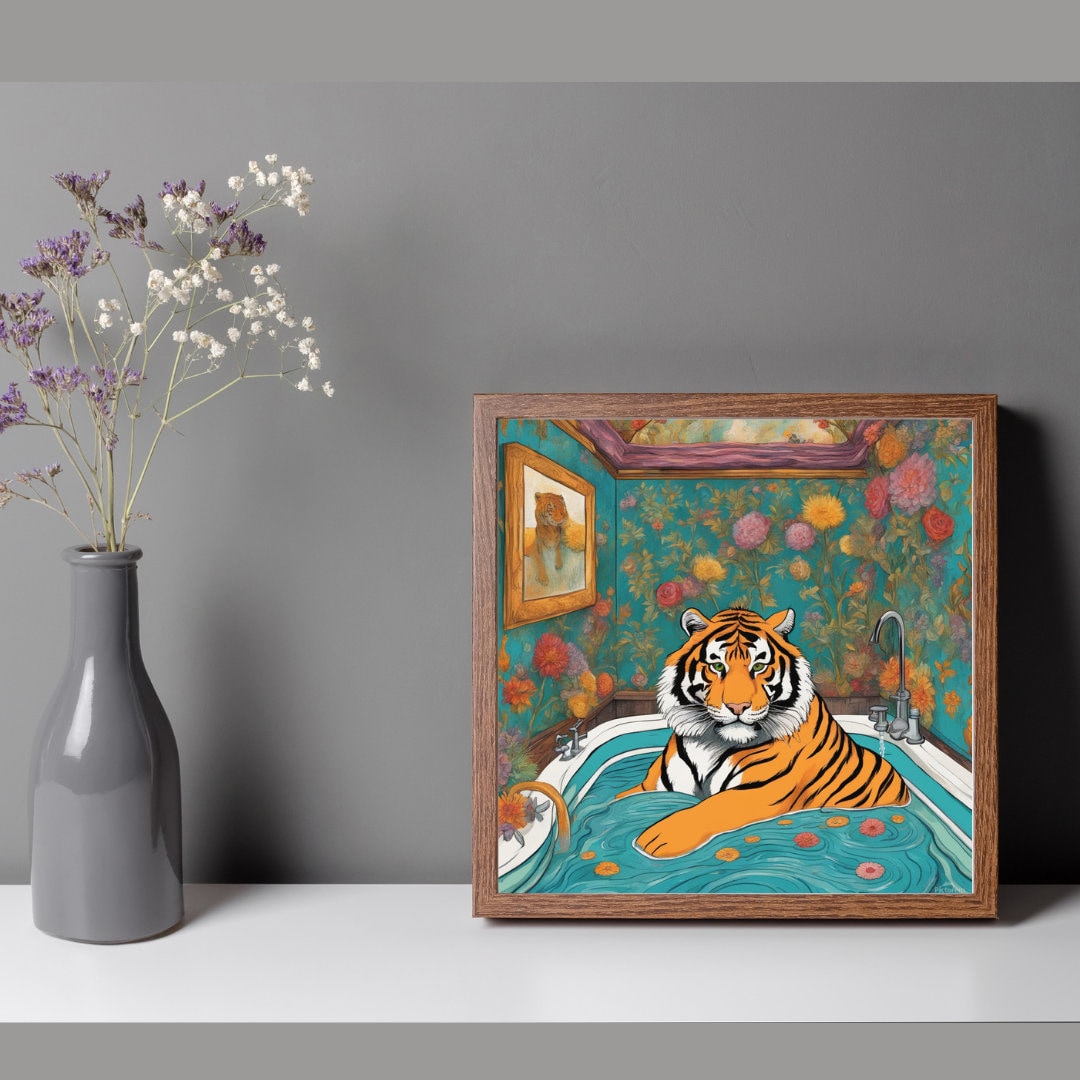 Tiger Chillin in Bath Tub Art Print, Funny Tiger Print, Maximalist ...