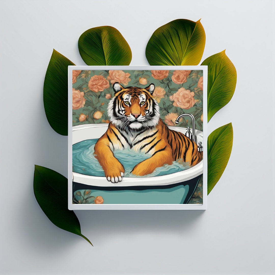 Tiger Chillin in Bath Tub Art Print, Funny Tiger Print, Maximalist ...