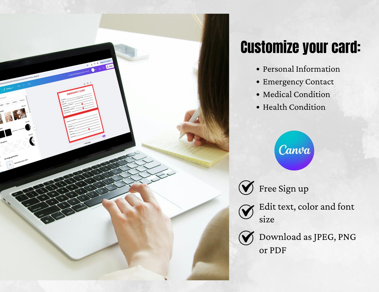 Editable in Case of Emergency ID Card Medical Alert Card Emergency ...