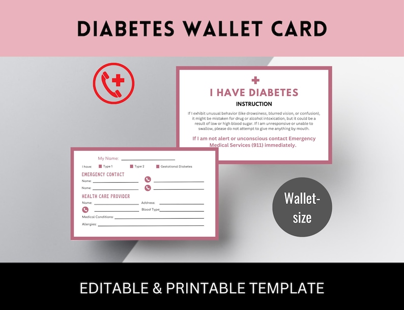 Editable Diabetic Card Template Emergency Card for Wallet Emergency ...