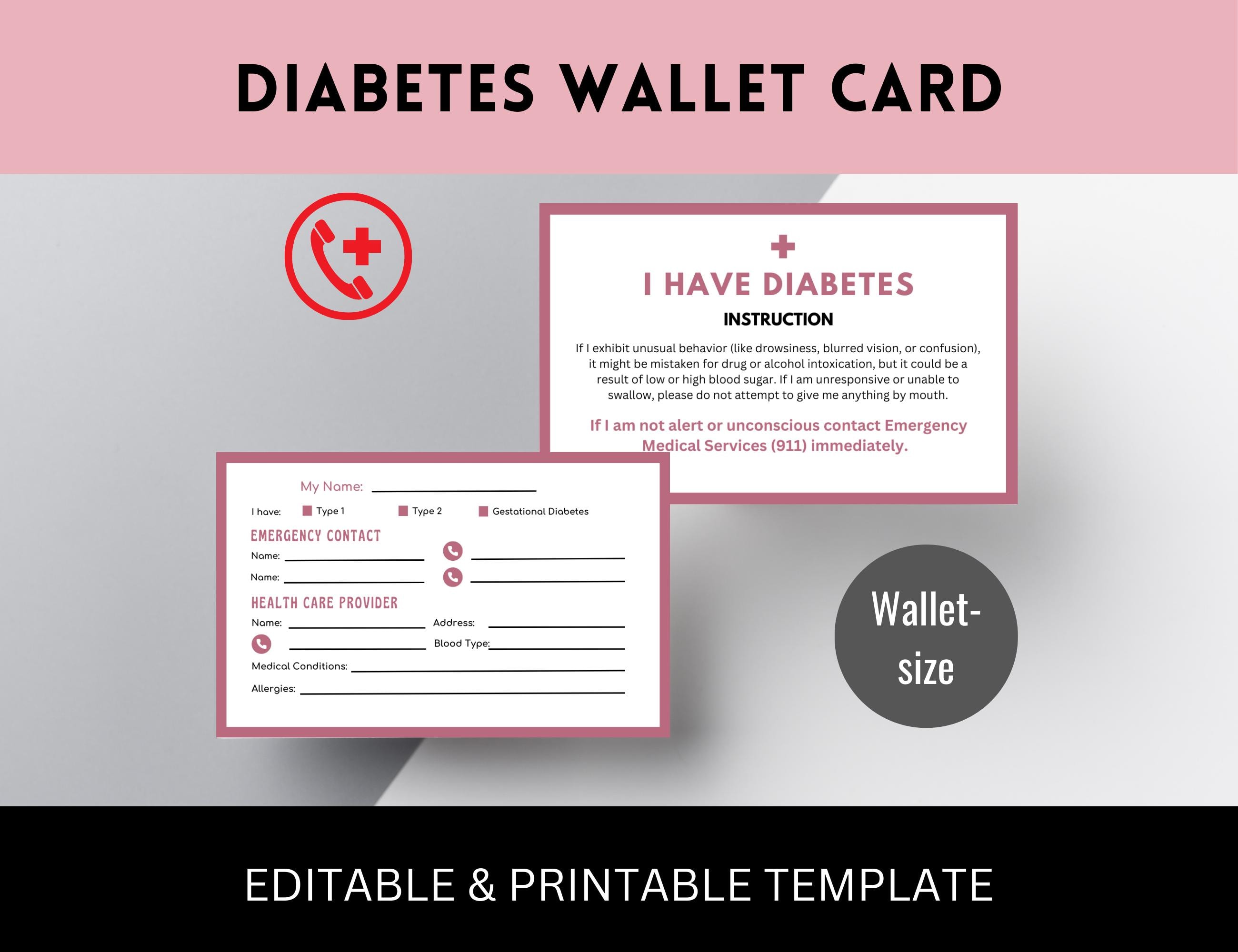 Editable Diabetic Card Template Emergency Card for Wallet Emergency ...