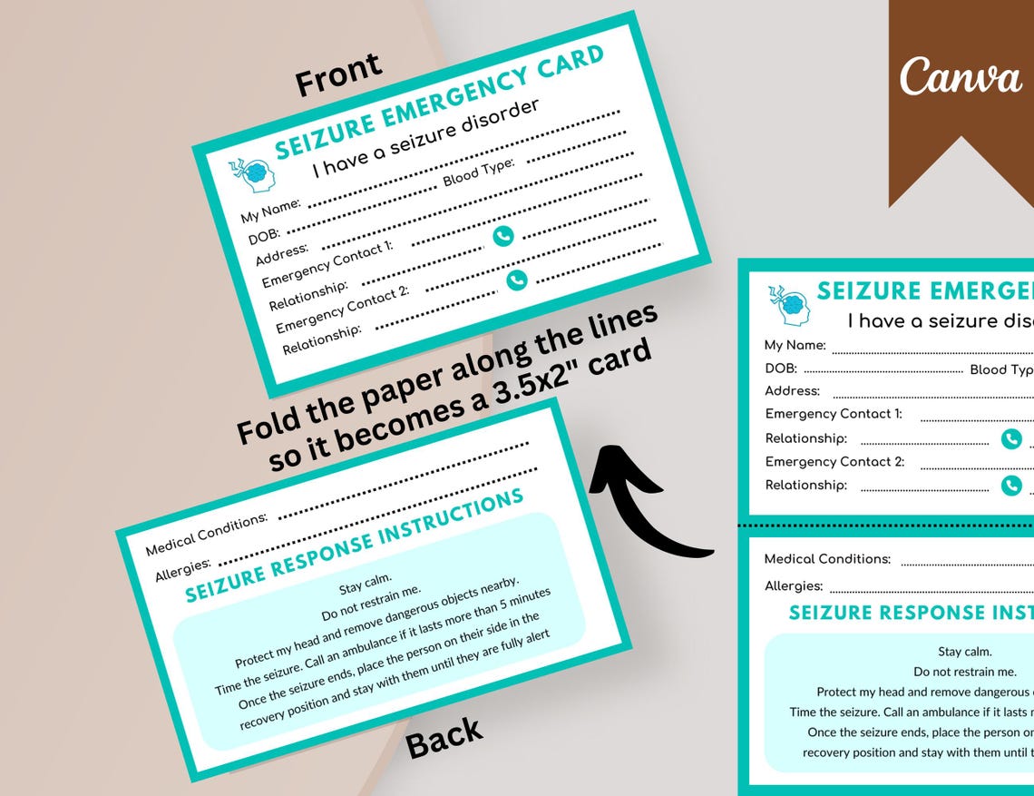 Editable Seizure Emergency Card: Medical Alert Wallet Template (digital ...
