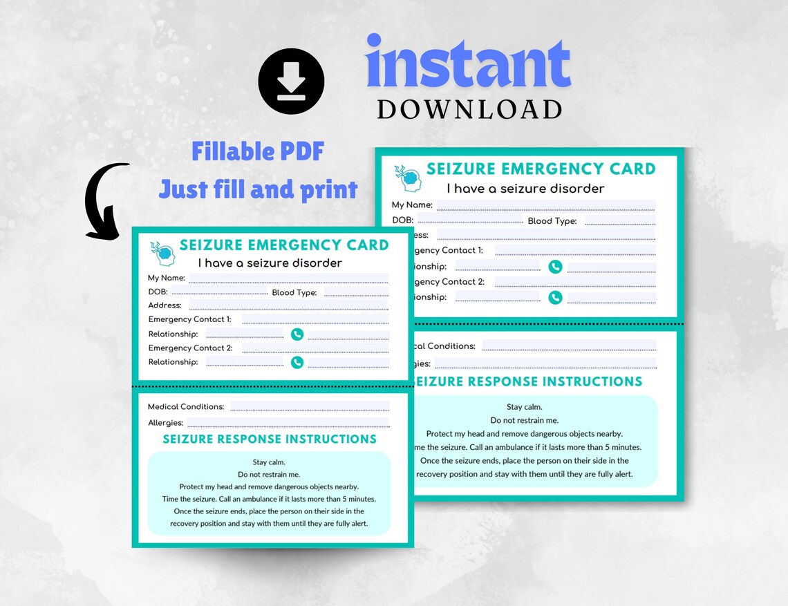 Editable Seizure Emergency Card: Medical Alert Wallet Template (digital ...
