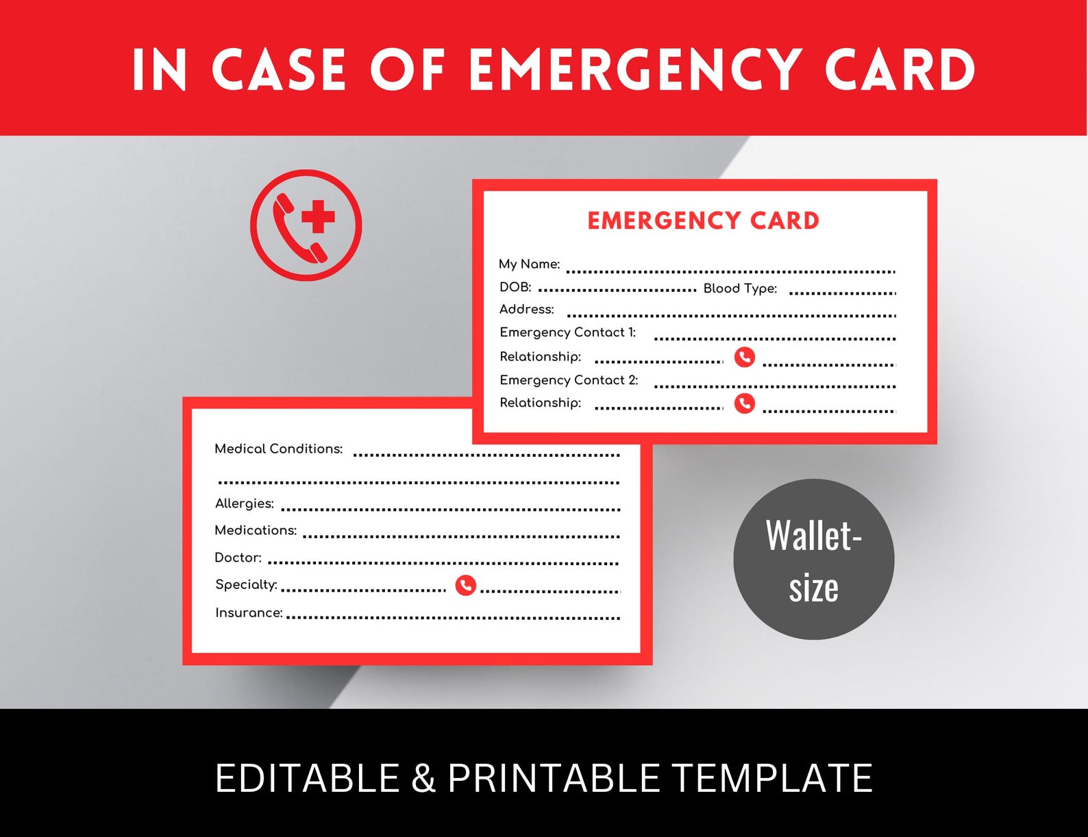 Editable in Case of Emergency ID Card Medical Alert Card Emergency ...