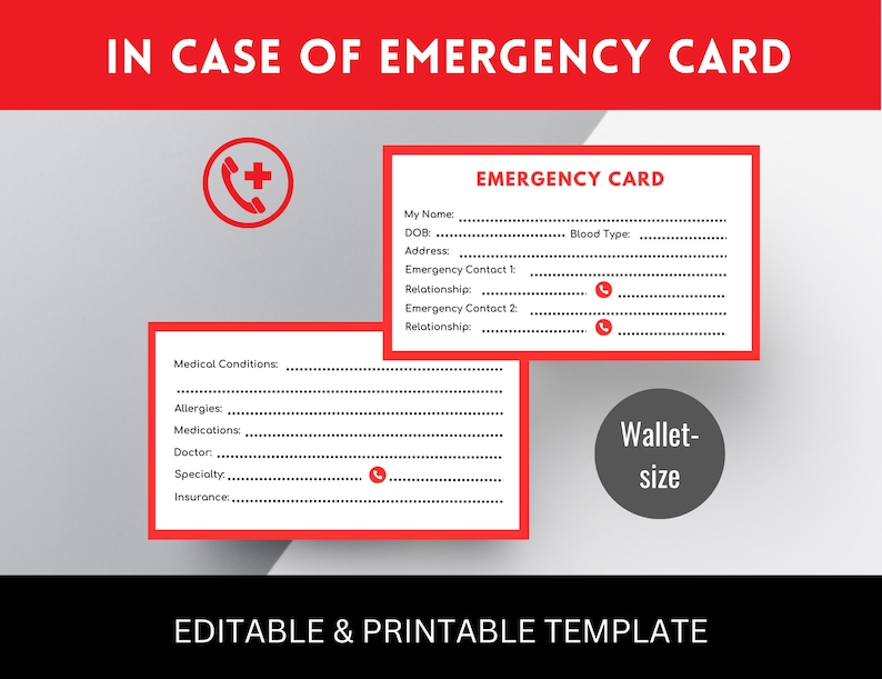 Editable in Case of Emergency ID Card Medical Alert Card Emergency ...