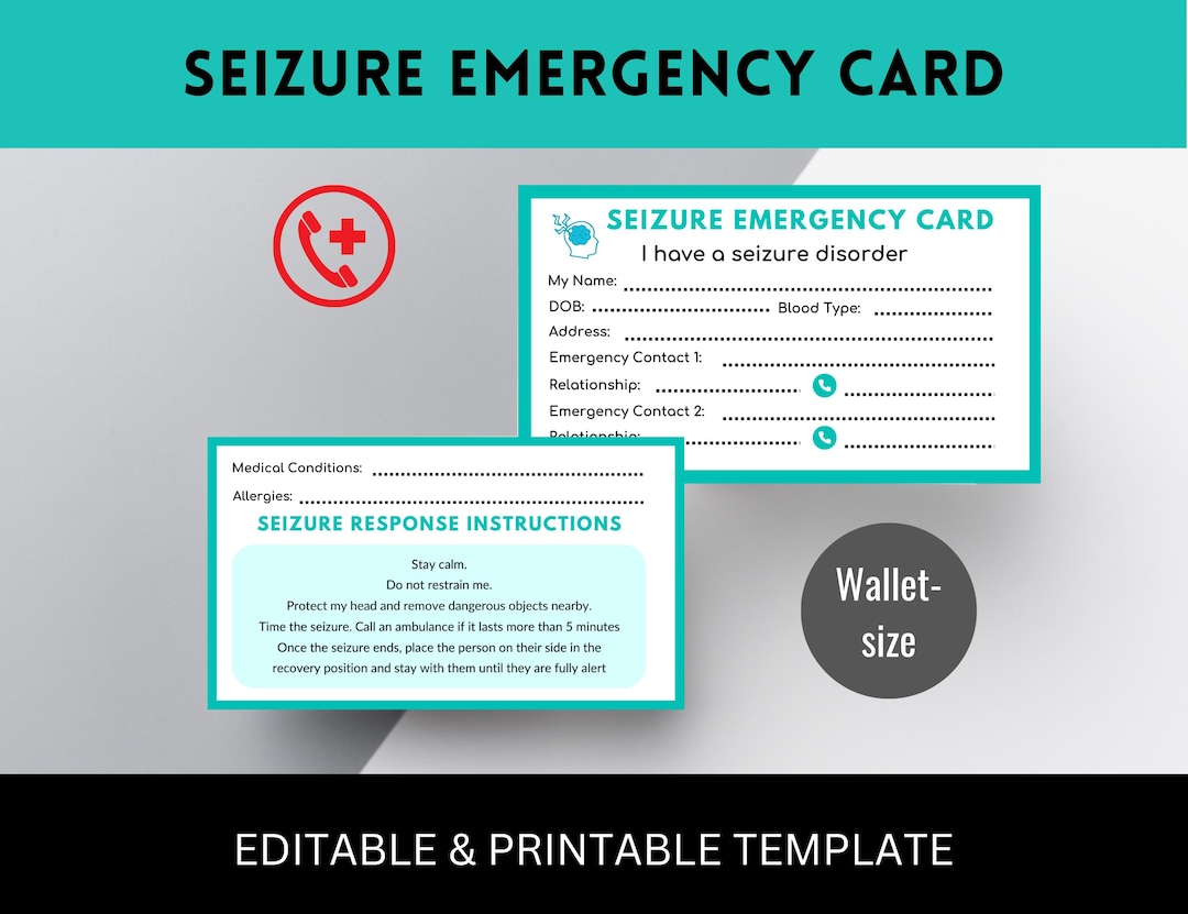 Editable Seizure Emergency Card: Medical Alert Wallet Template (digital ...
